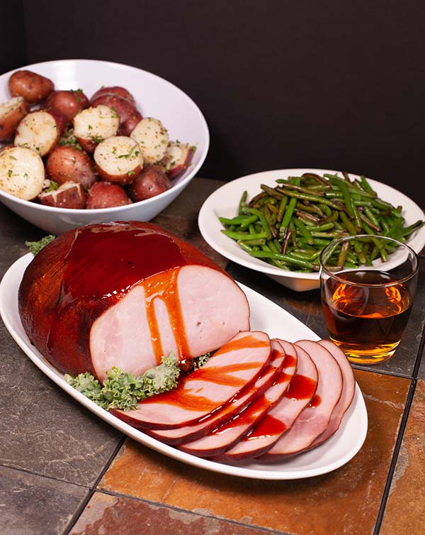 Honey Bourbon Glazed Ham with Red Potatoes & Green Beans Recipe ...