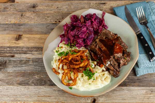 Sauerbraten with Ginger Gravy, Spaetzle and Red Cabbage Recipe - Martin ...