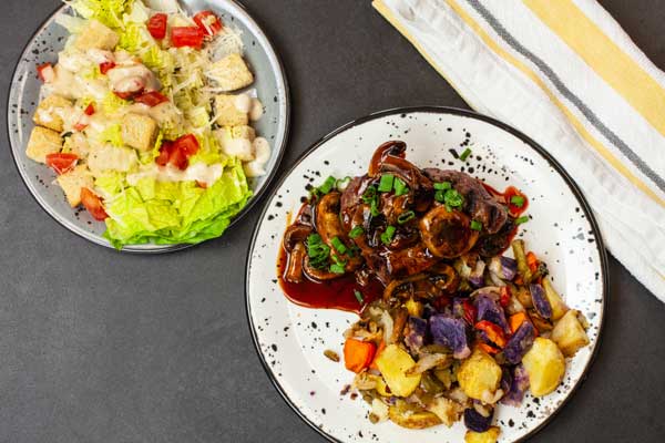 Sirloin Steak with Mushroom Demi-Glace, Roasted Potatoes and Caesar ...